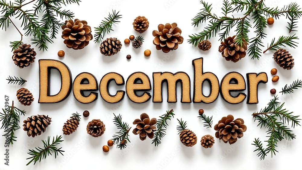 word "December" surrounded by pine cones and evergreen branches ...