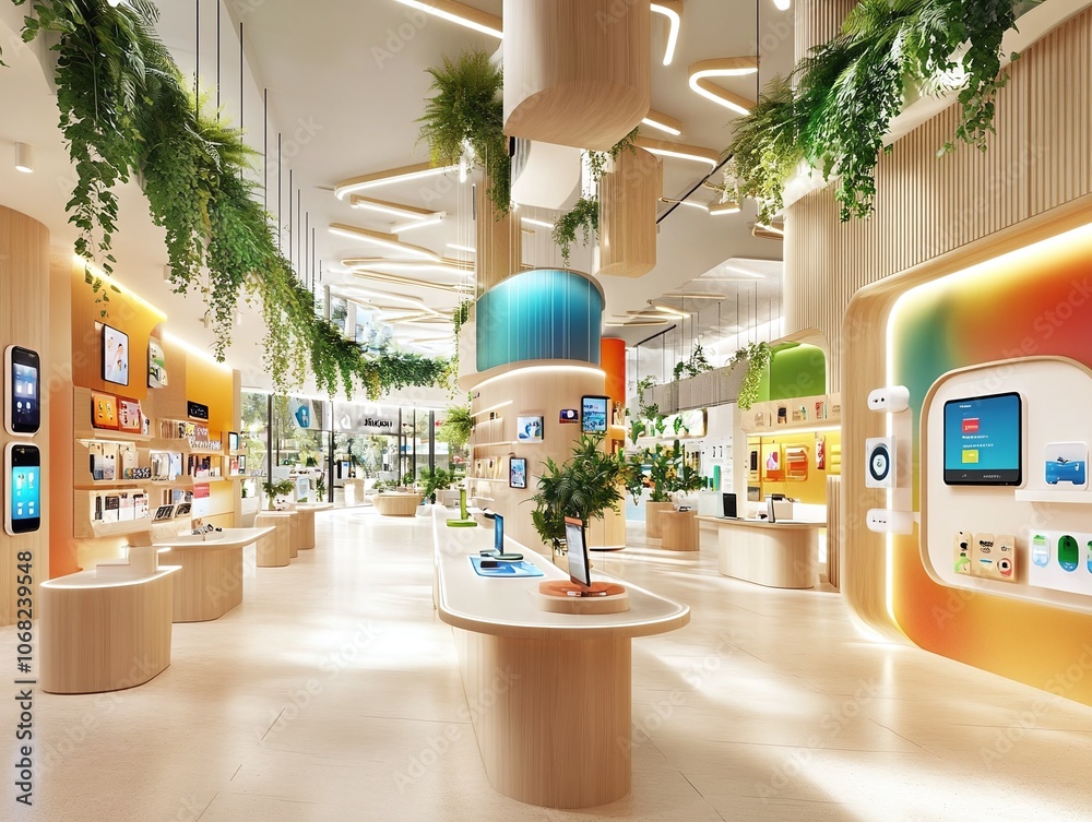 Modern Retail Store Interior Design with Green Plants and Wooden ...
