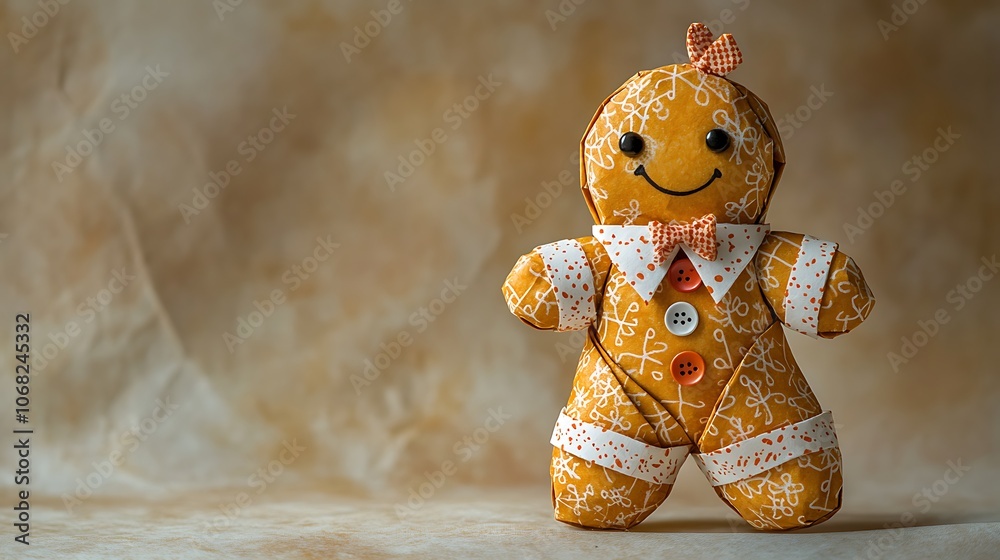 An origami gingerbread man decorated with buttons, showcased on a light ...