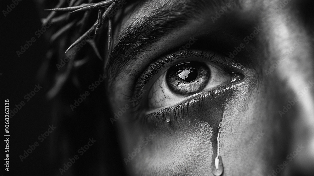 Jesus with a tear falling from his eye, black and white image ...