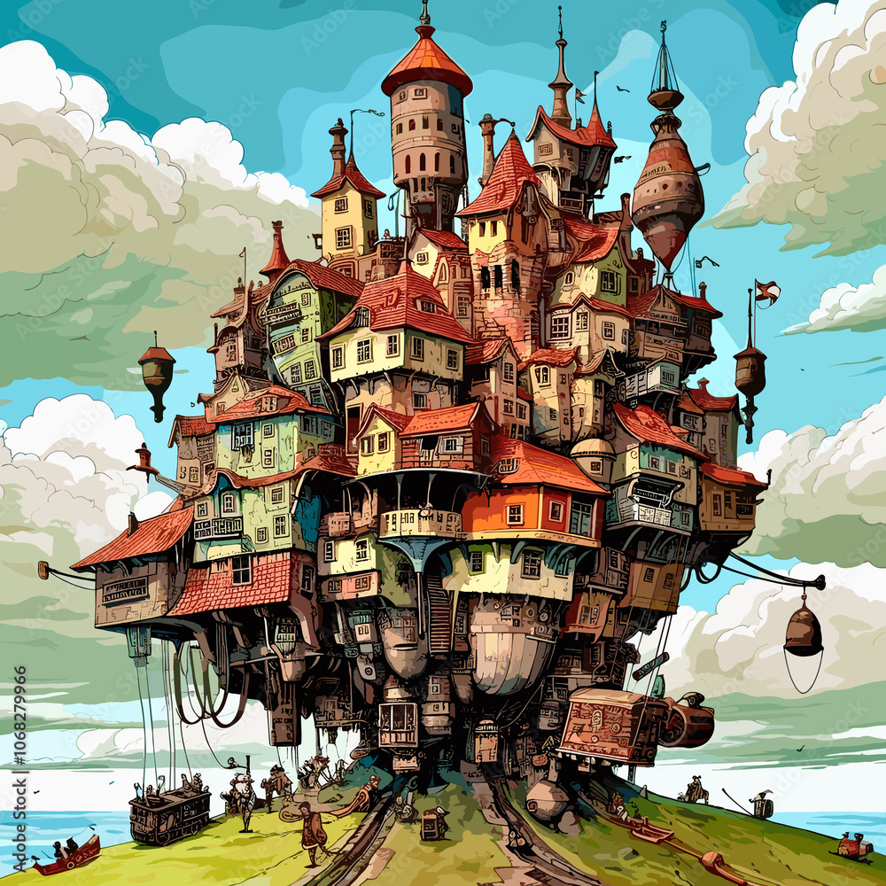 Colorful cartoony whimsical village perched atop floating structures in ...