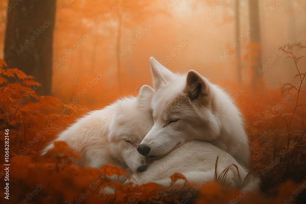 two white wolves cuddling in misty orange autumn forest. moody. foggy ...
