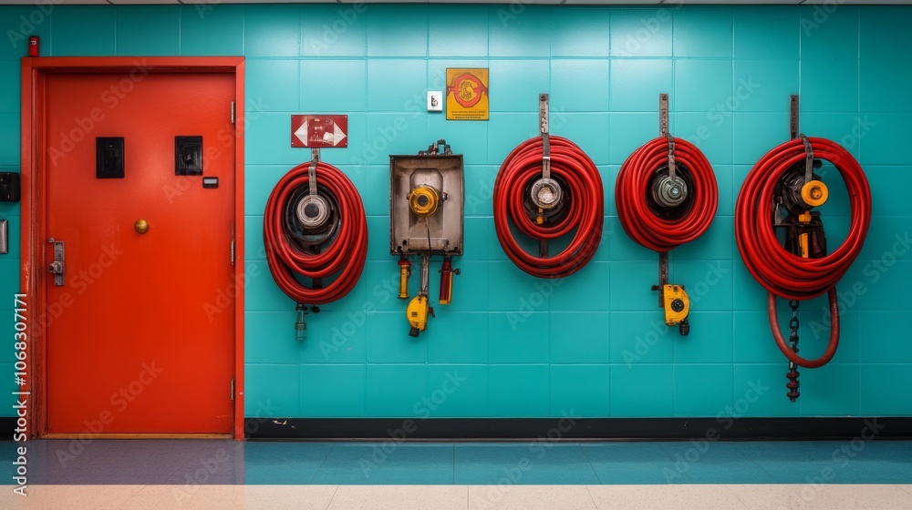 This fire hose, mounted on a fire station corridor wall, features ...