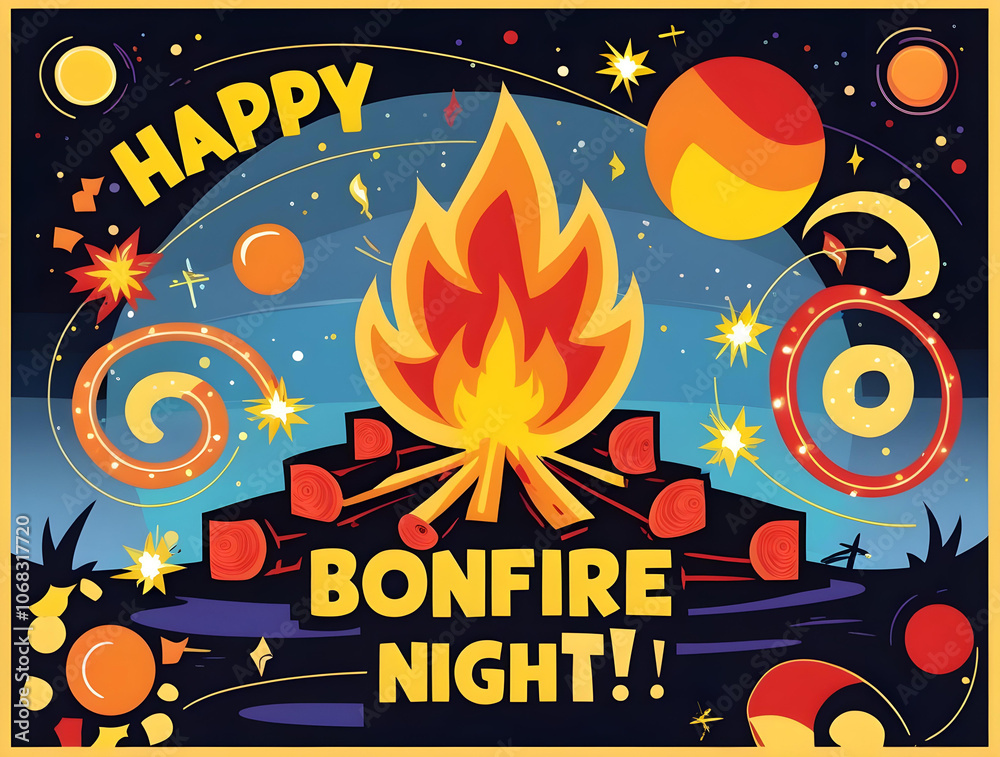 Illustration of a bonfire with a starry night sky and the words "Happy ...