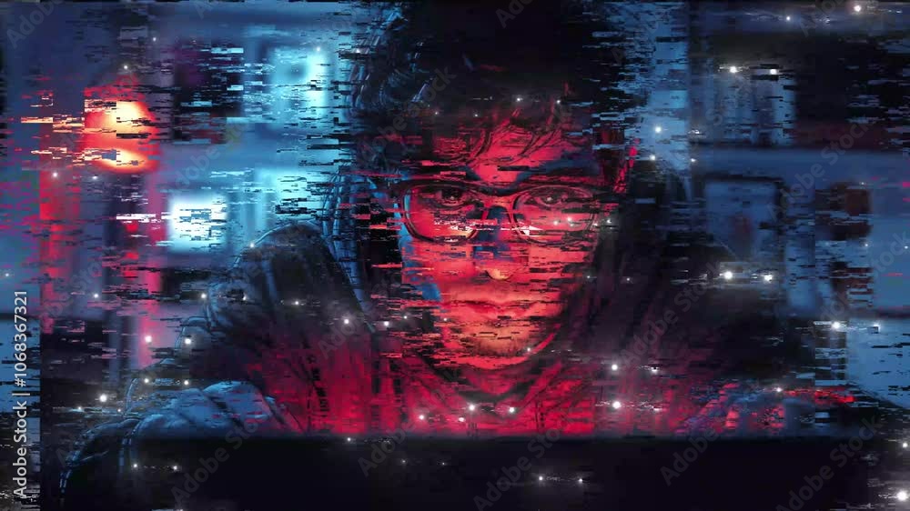 intense hacker engrossed in coding at night, illuminated glowing laptop ...