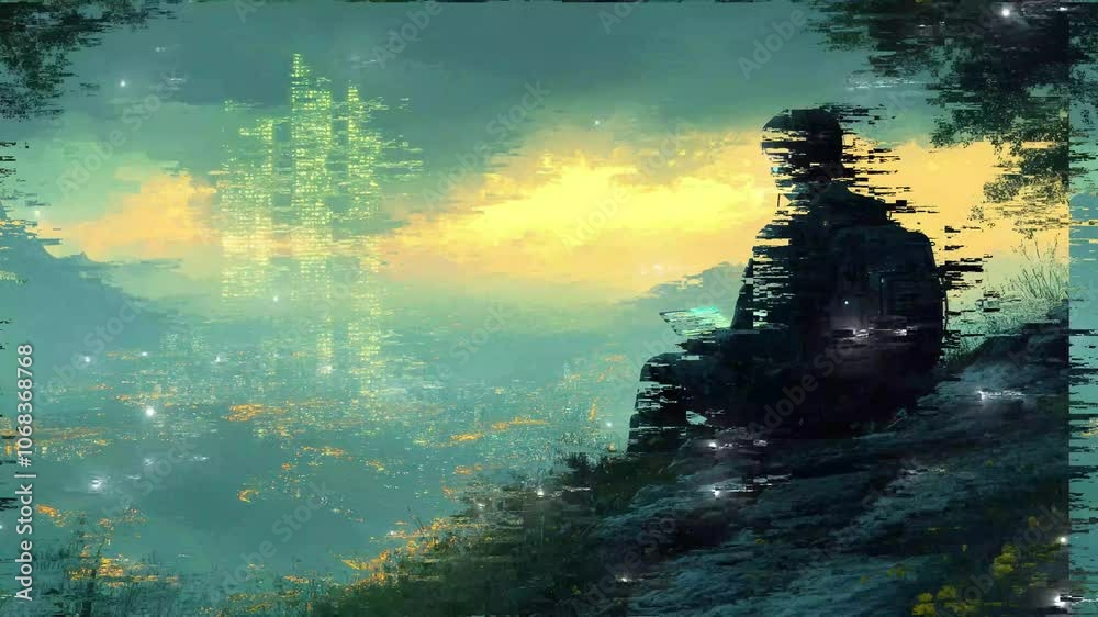 young hacker in silhouette observes luminous city twilight, secret ...