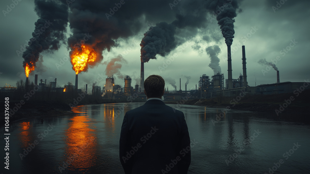 Businessman gazing at a bleak industrial wasteland epitomizing the ...
