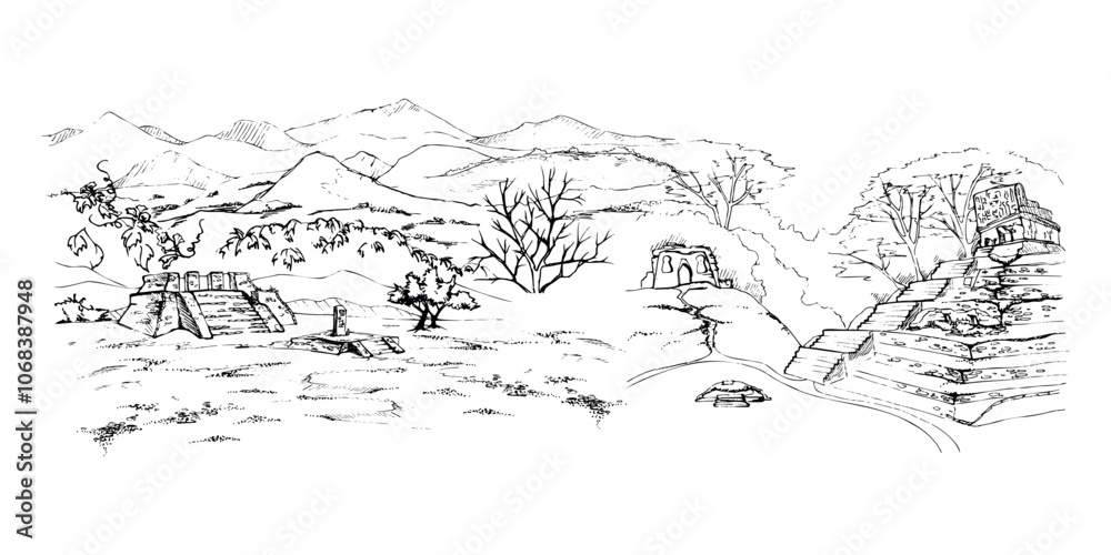 Scenery landscape of mountains, Mesoamerican Aztec pyramid ruins ...