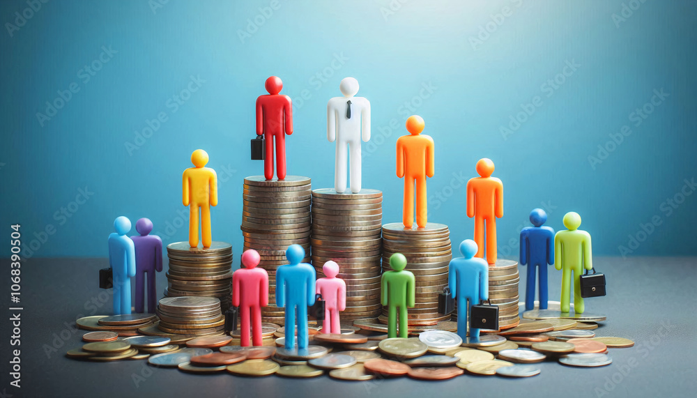 Colorful toy figures stand on stacks of coins, illustrating the concept ...