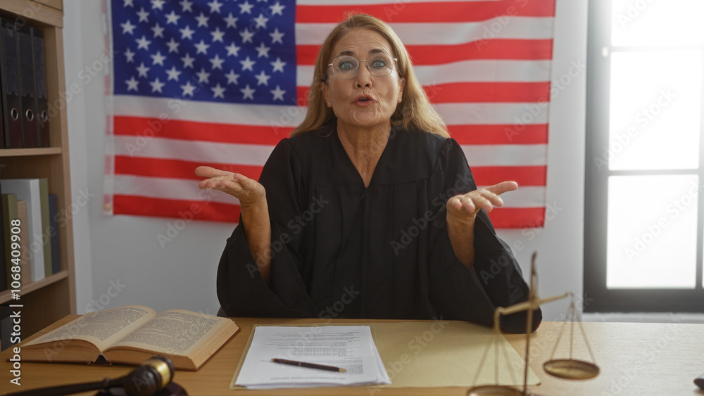 Elderly woman judge sitting in courtroom office with american flag ...