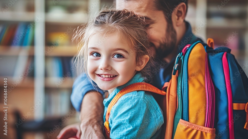 Parents helping their child pack for school in a morning routine scene ...