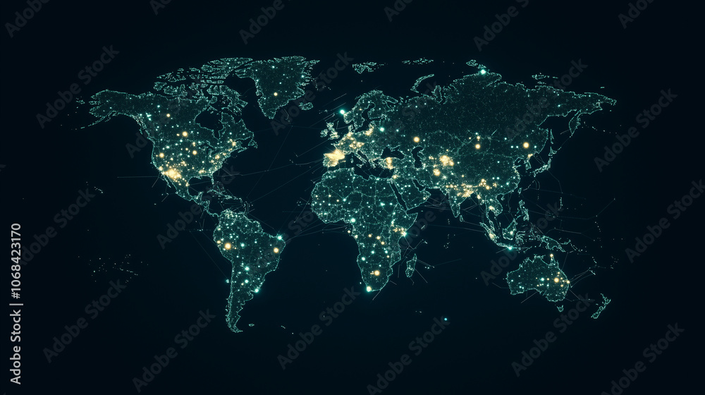 Global map composed of binary code digits, with bright dots and lines ...