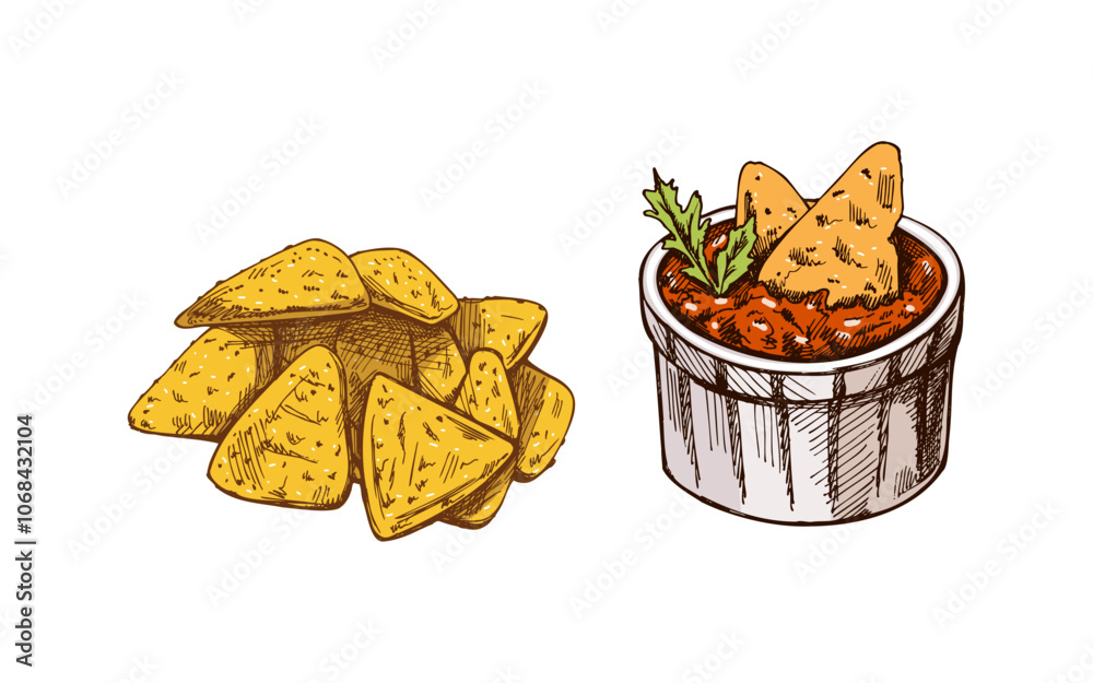 Hand-drawn colored sketches of bowl with guacamole, nachos and parsley ...