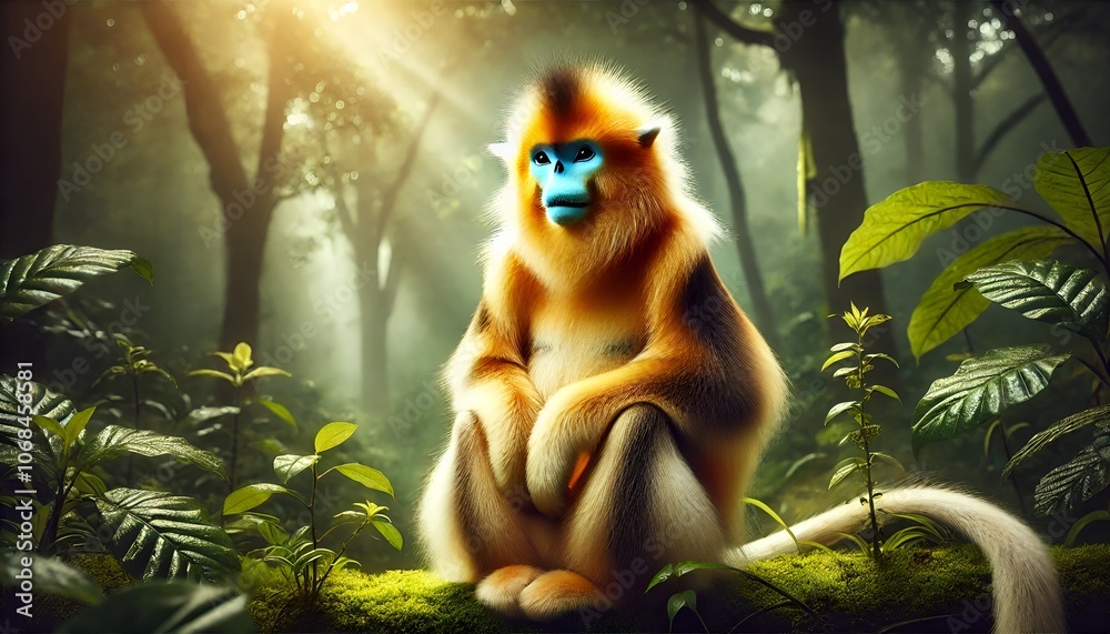 A majestic golden snub-nosed monkey sitting gracefully in its natural ...