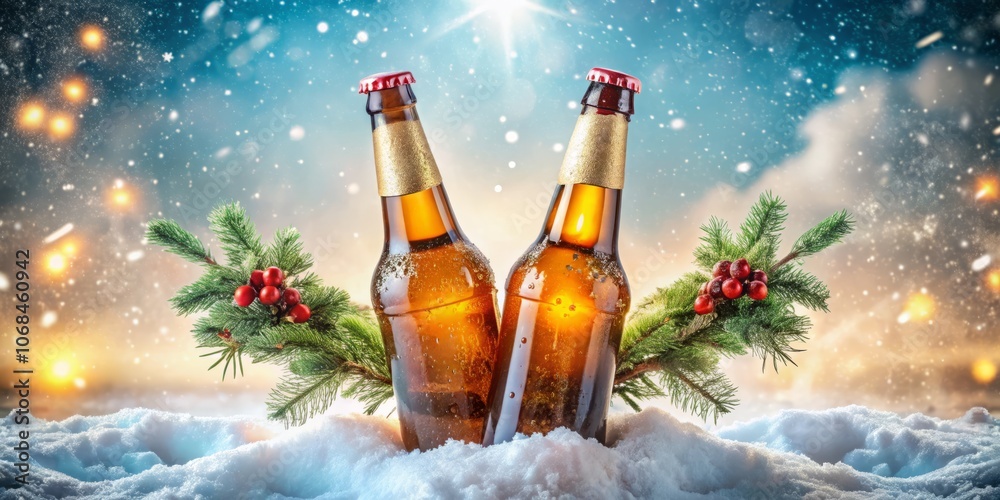 Two Christmas Beer Bottles Clinking Together on a Snowy Background for ...