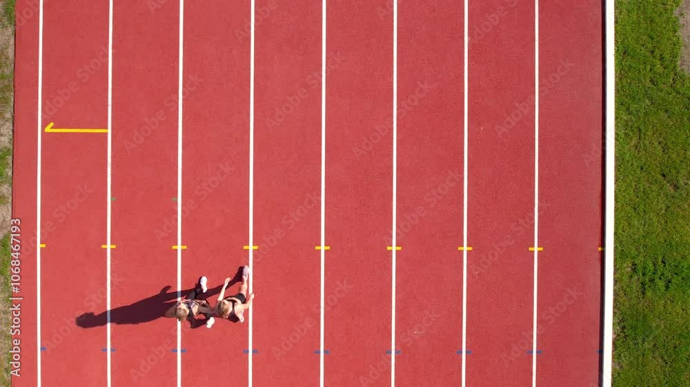 Two athletes walking on a marked track lane, yellow directional markers ...