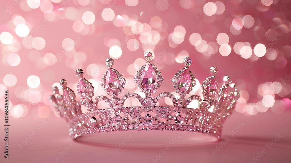 Elegant and sparkling pink princess tiara with diamonds on a shiny pink ...
