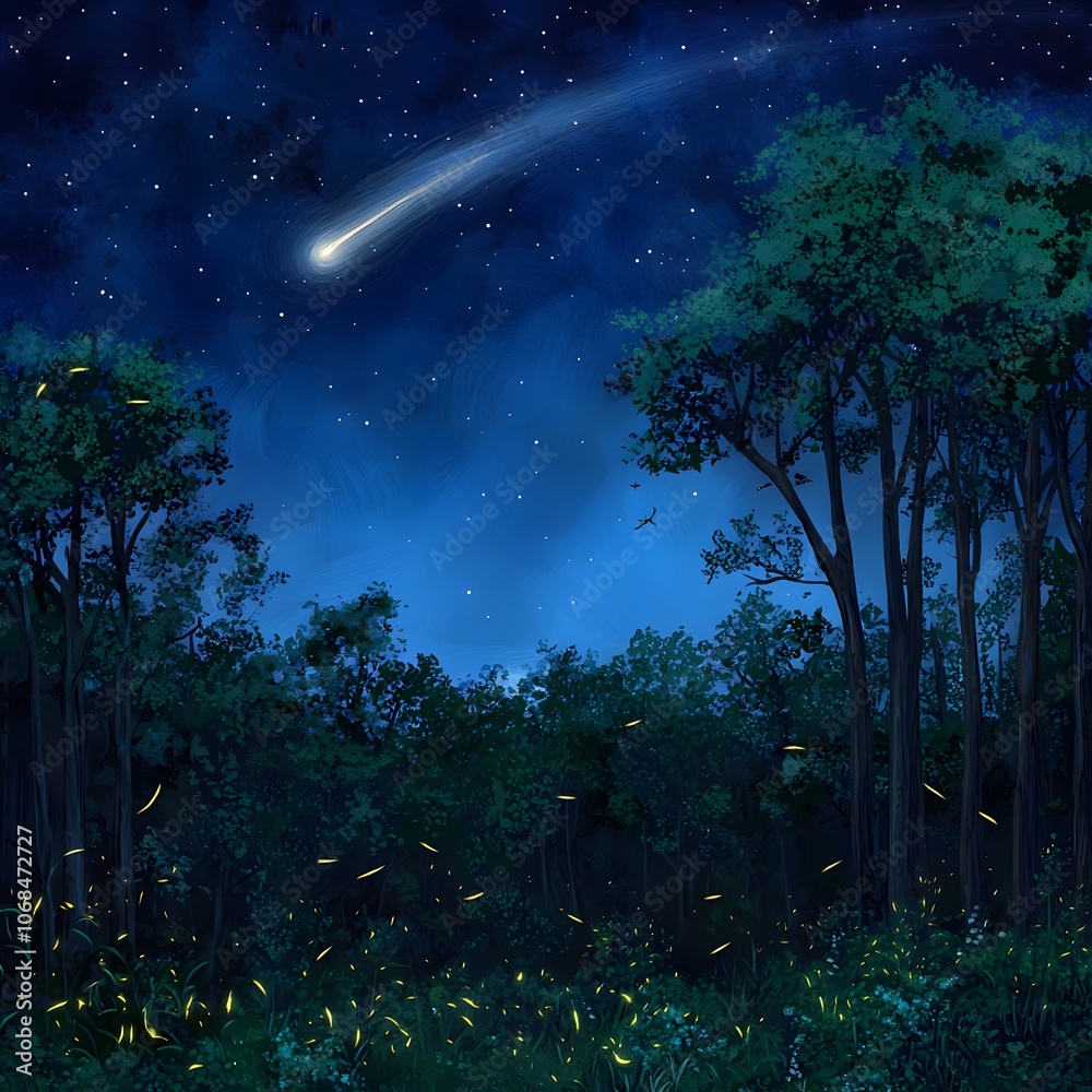 Mystical Night Sky with Comet and Fireflies over a Dark Forest Stock ...