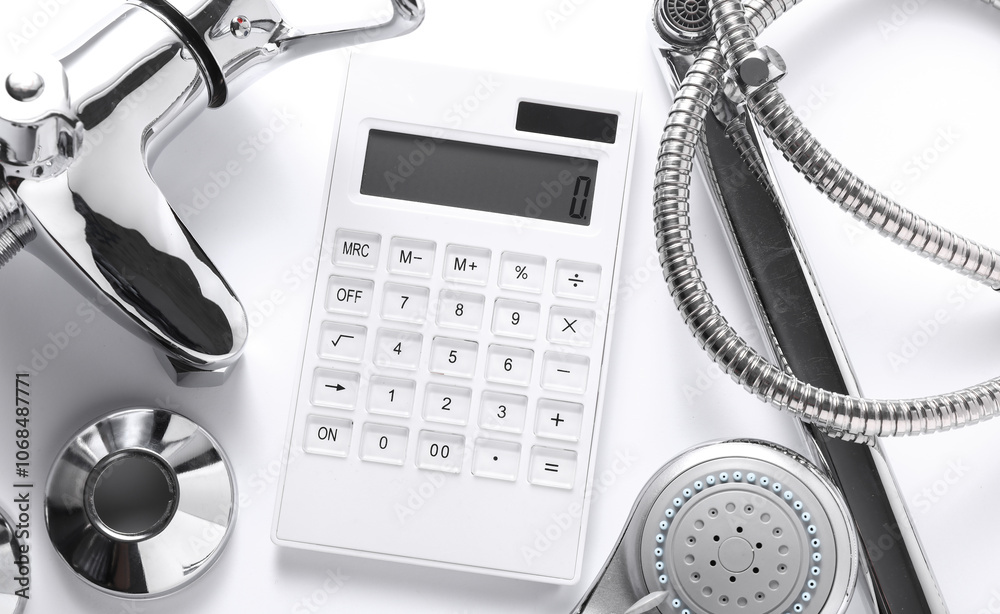 Calculator and Parts of disassembled bathtub faucet with shower on ...