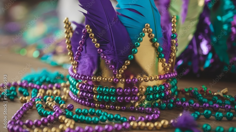 Mardi Gras Crown with Colorful Beads and Feathers for Social Media Post ...