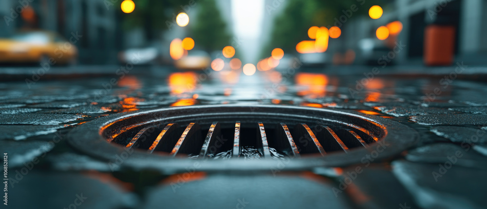 Urban storm drain overflowing with rainwater, dynamic city street ...