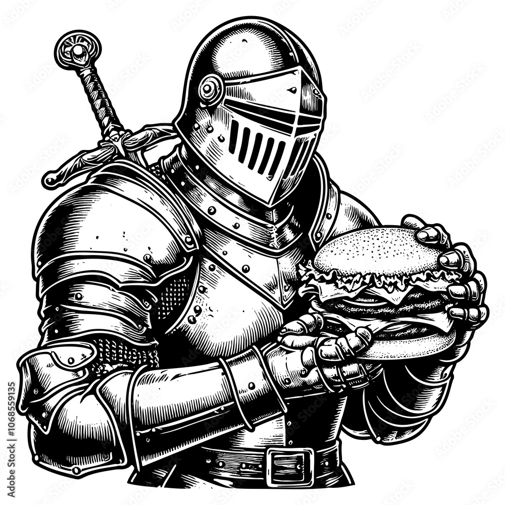 medieval knight in full armor eats large burger, combining historical ...