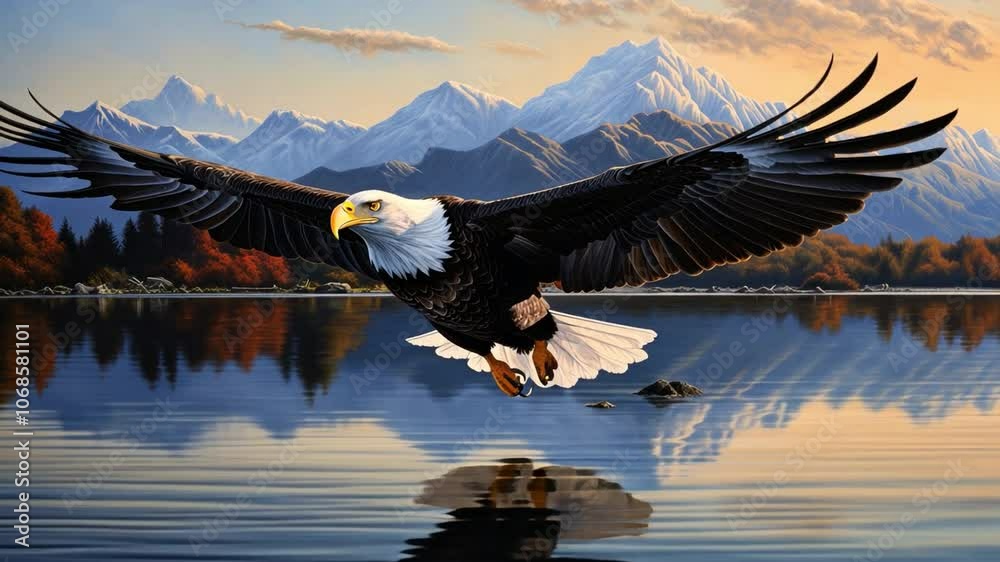 Majestic Bald Eagle Soaring Above Mountain Lake: A powerful bald eagle, its wings outstretched ...