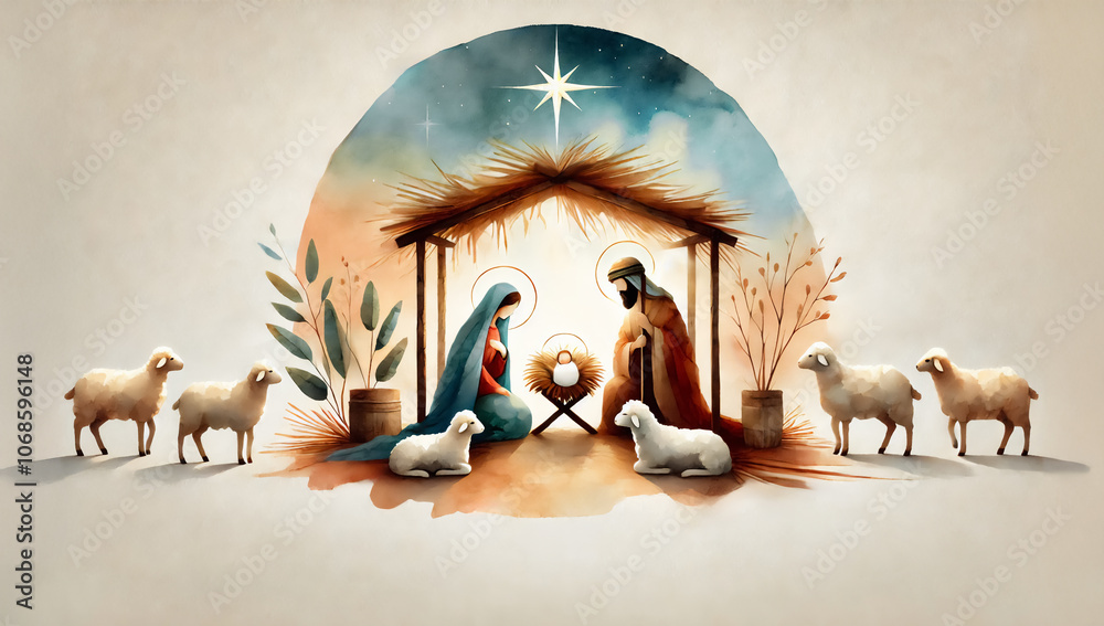 Nativity scene in Bethlehem. Watercolor painting. Christmas scene ...