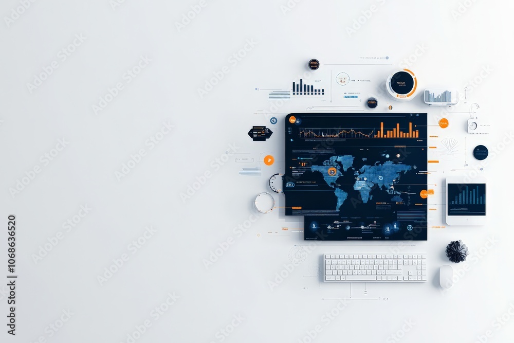 This digital workspace features data visualizations on a monitor, accompanied by technological ...