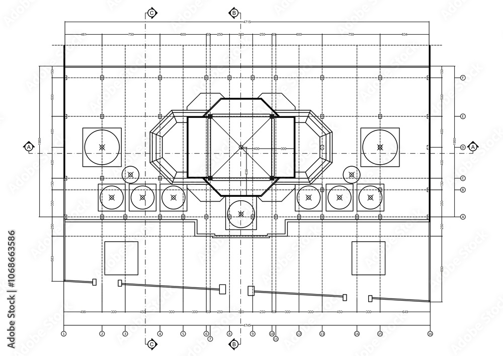 2D top view floor plan of a dome-roof structure with detailed notations, serving as a reference ...