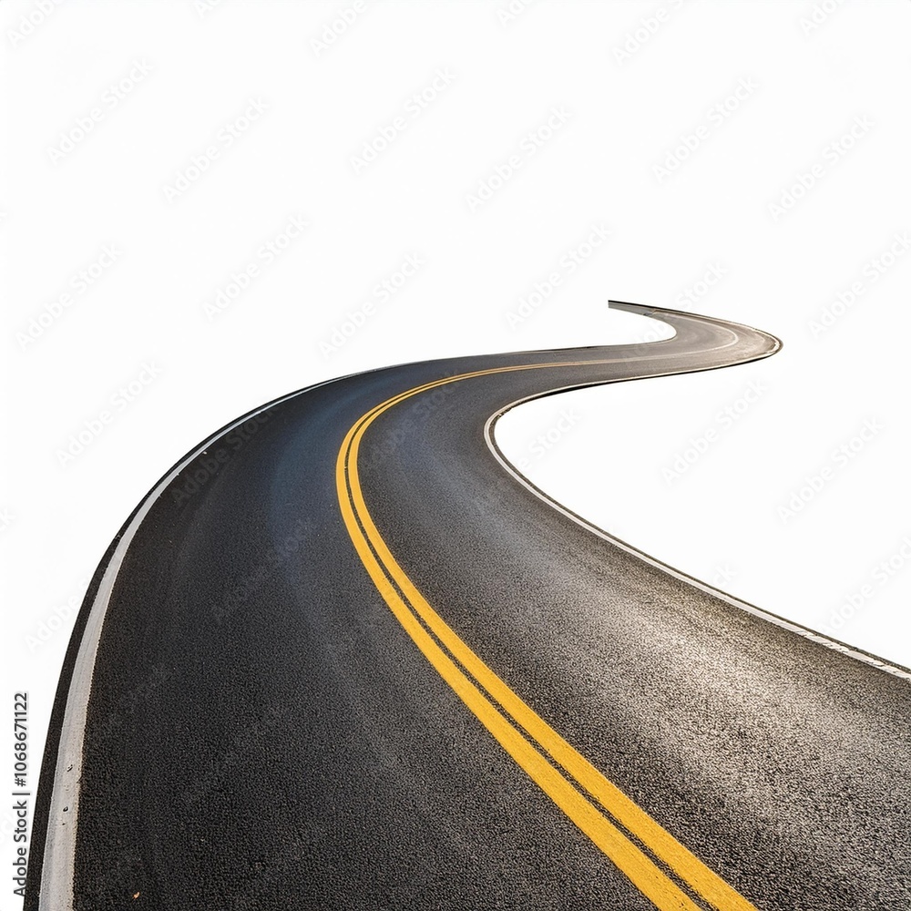 curved asphalt road with double yellow lines on transparent background ...