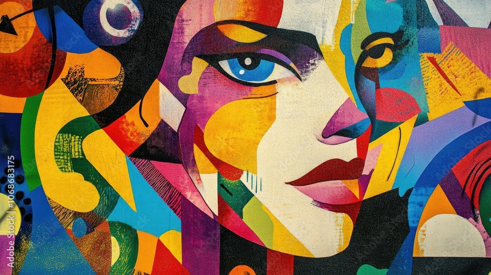 A dynamic urban graffiti mural in brilliant colors, reflecting ...