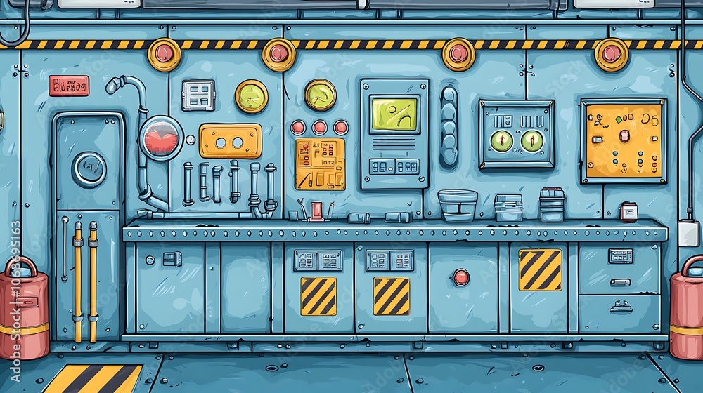 Cartoon Illustration of a Futuristic Control Room with Various Dials ...