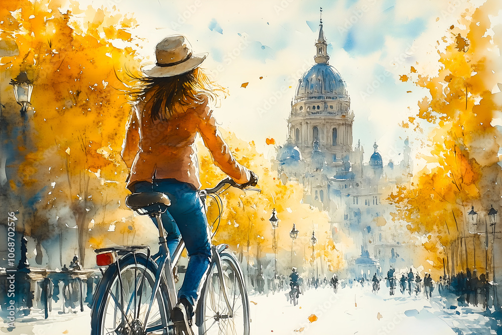 Jeune fille de dos à vélo avec un chapeau dans les rues de Paris en ...