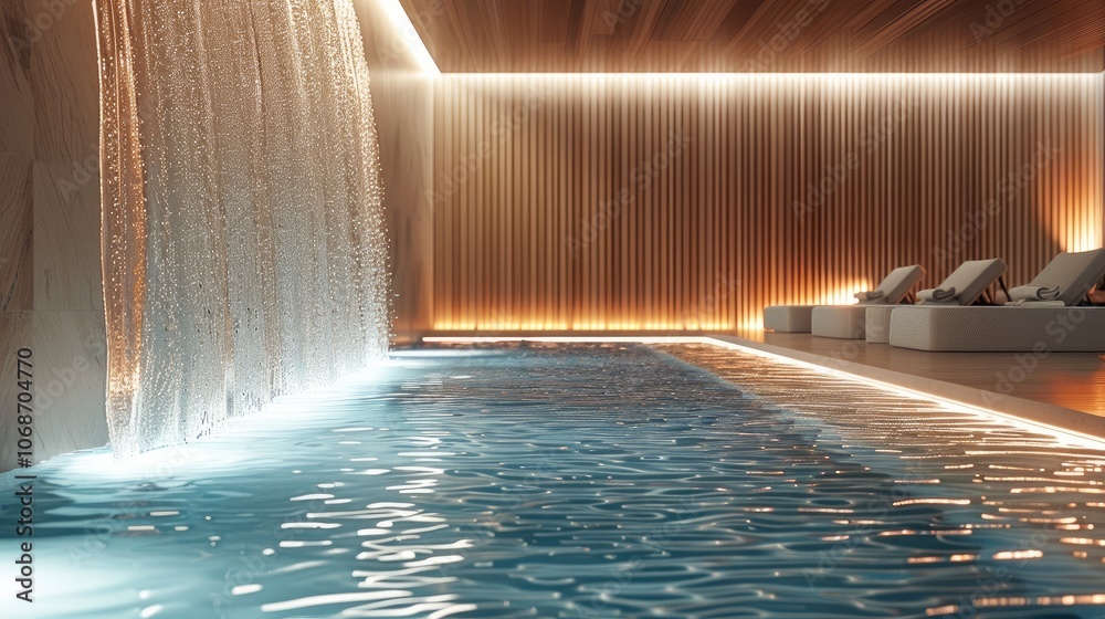 Indoor pool. a hotel lounge with a water feature and white lighting on ...