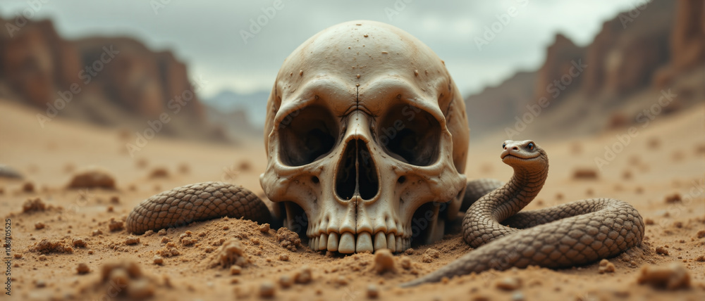 Venomous brown snake coiled around a human skeleton skull stuck in the ...