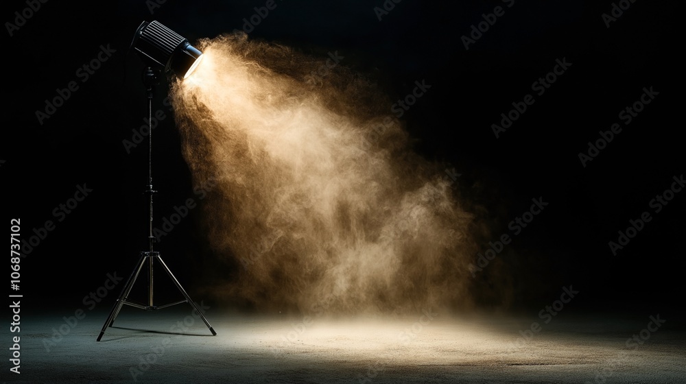 Stage spotlight illuminating dust particles in a dark room with a ...