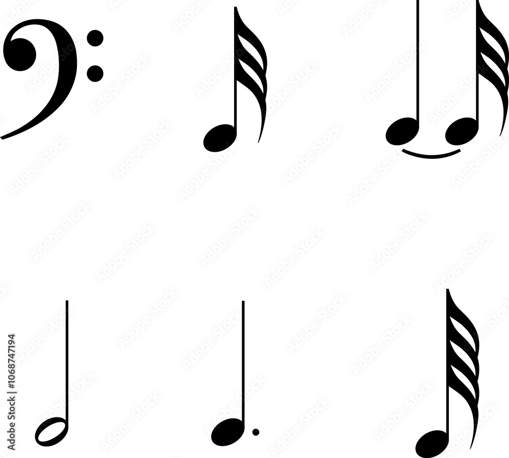Music Note Icon Art. Notes, treble clef, bass clef, solfeggio, pauses ...