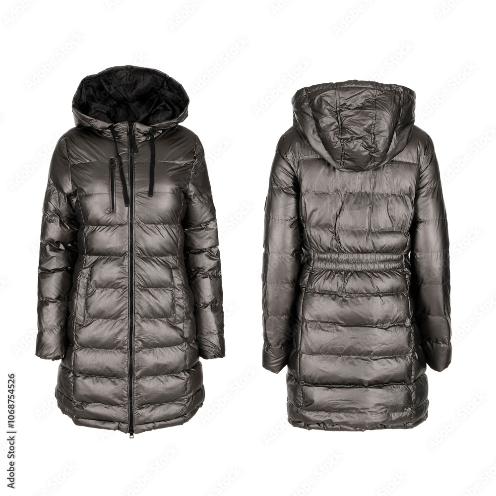 Silver women's winter down jacket Front and Back side isolated on white ...