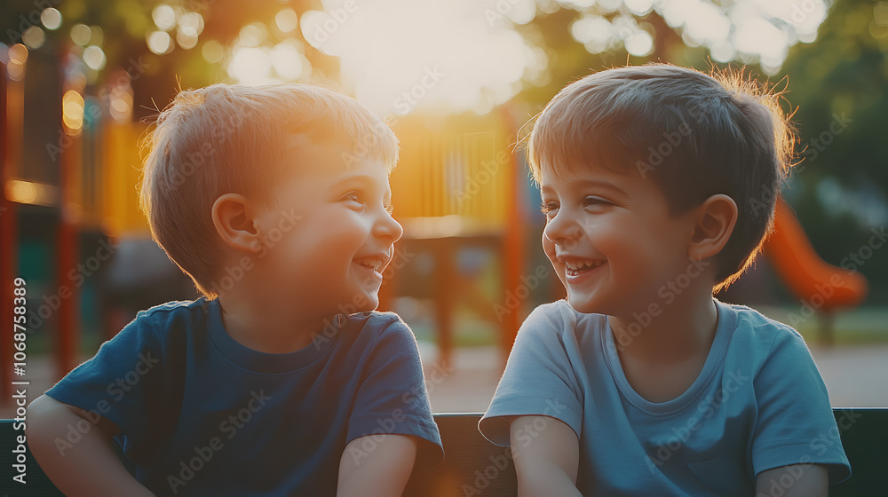 Two Identical Twins, a Boy and a Girl, Sitting on a Bench and Looking ...