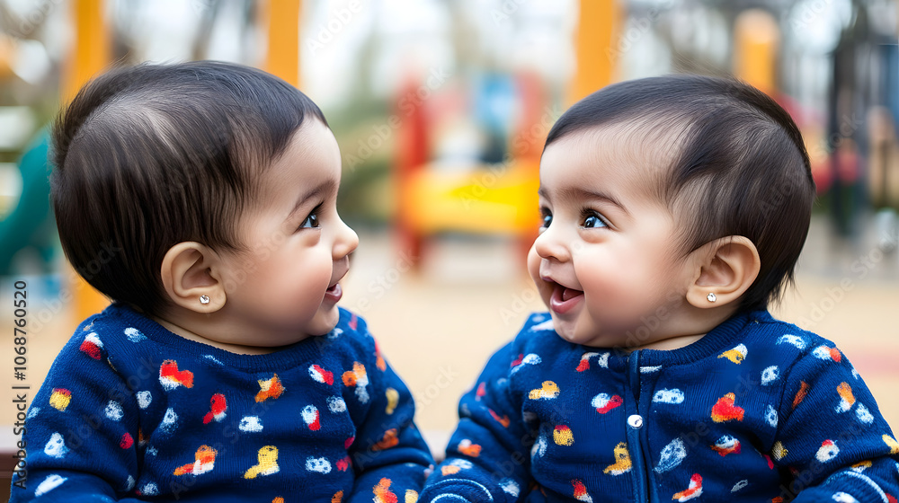 Two Identical Twins, a Boy and a Girl, Sitting on a Bench and Looking ...
