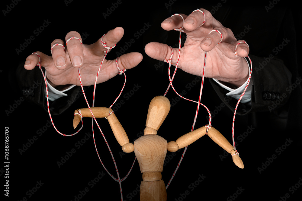 Poster Wooden puppet doll, obeying master hand pulling the strings of ...