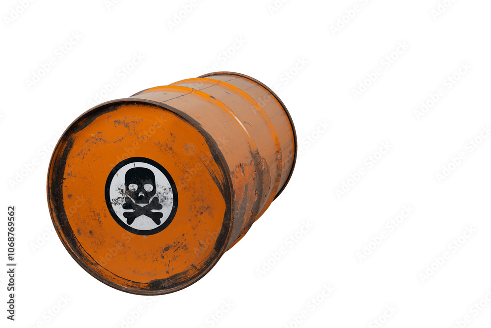 Barrel with toxic waste. Biohazard warning sign human skull with two ...
