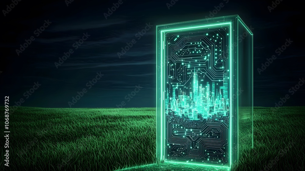 Cyber Threshold: A translucent door with circuitry patterns etched into ...
