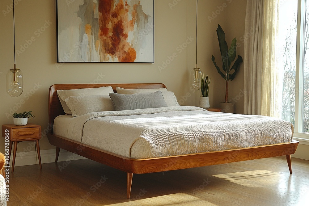 Minimalist, mid century modern interiors in a residential bedroom with ...