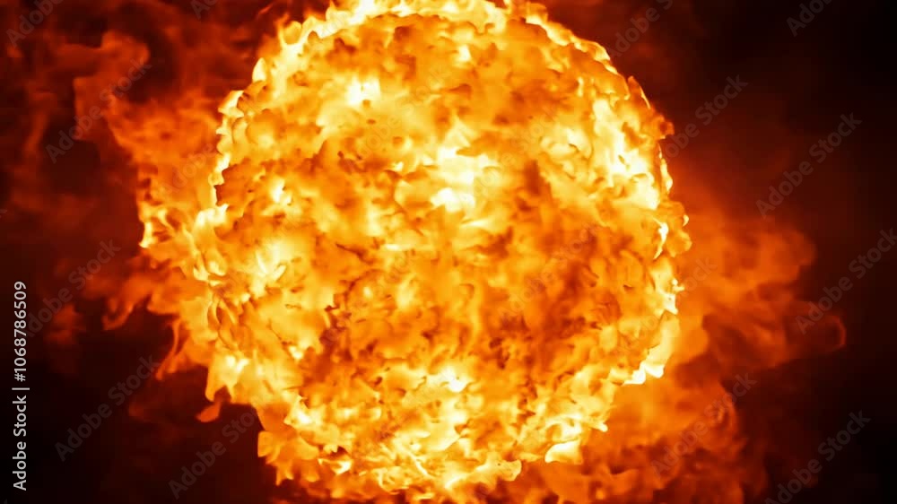Camera rotates around a giant ball of fire as it explodes, sending ...