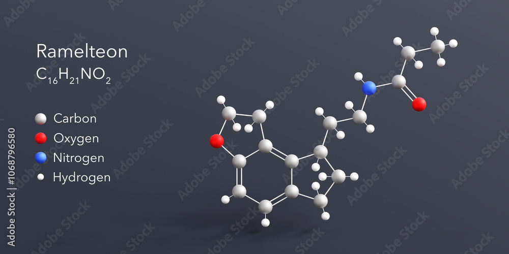 ramelteon molecule 3d rendering, flat molecular structure with chemical ...