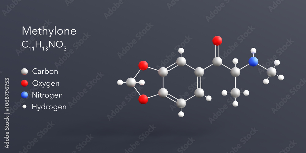 methylone molecule 3d rendering, flat molecular structure with chemical ...