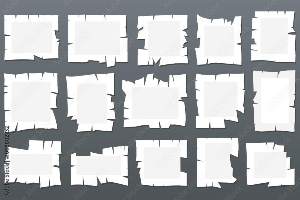 Paper pieces with torn edges - frame template. Vector illustration set ...