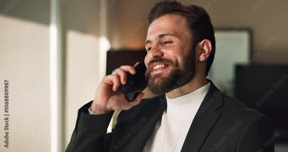 Happy, businessman and discussion with phone call for proposal ...